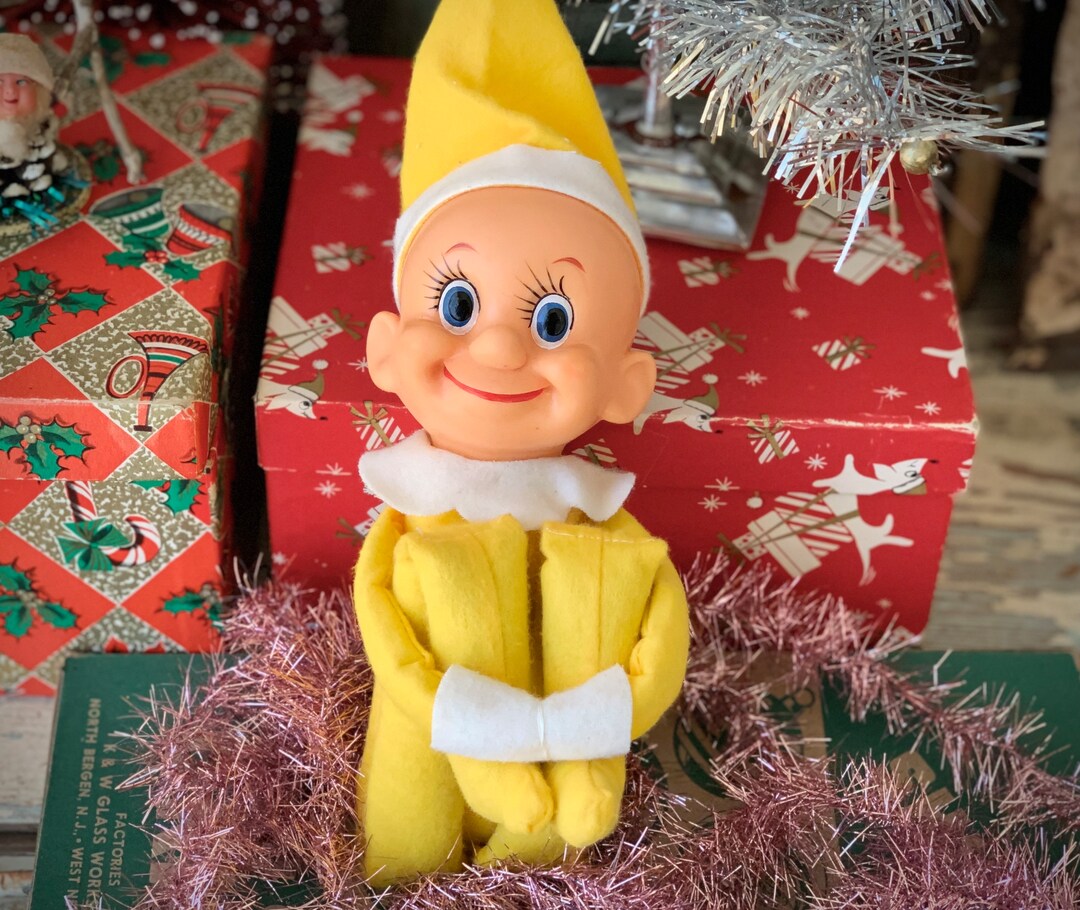 Vintage Yellow Knee Hugger Elf Large Retro Shelf Sitter Christmas Pixie ...