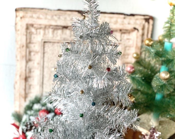 Vintage Silver Tinsel Tree Glass Beads Small Christmas Table Top ...