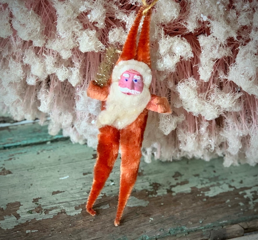 Vintage Chenille Pipe Cleaner Santa Christmas Ornament Mache Clay Face ...