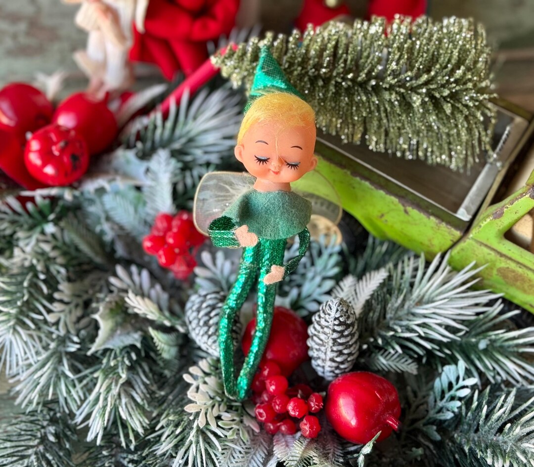Vintage Pixie Christmas Ornament Green Elf Angel Wire Netting Fairy - Etsy