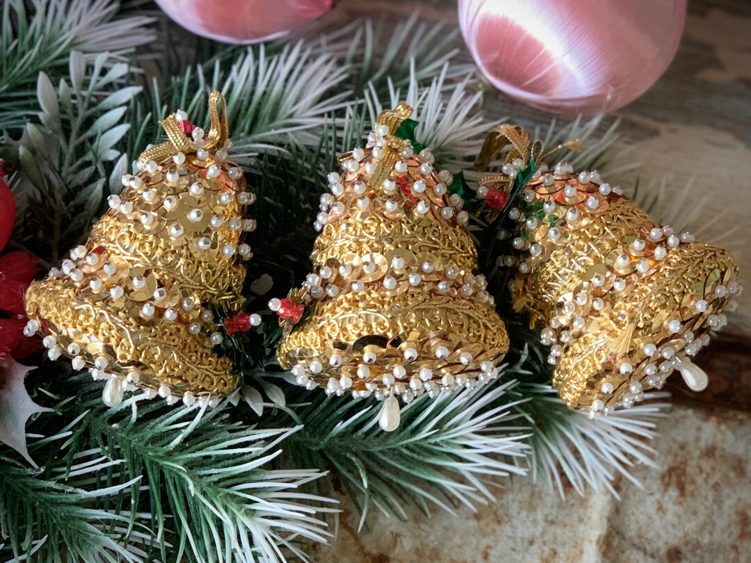 Vintage Beaded Bell Ornaments Retro Handmade Sparkly Bead Sequin ...