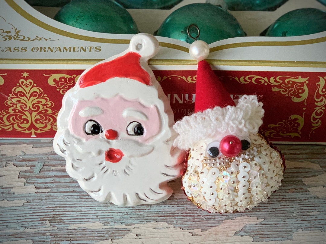 Vintage Christmas Ornaments Santa Head Handmade Ceramic and Beaded ...