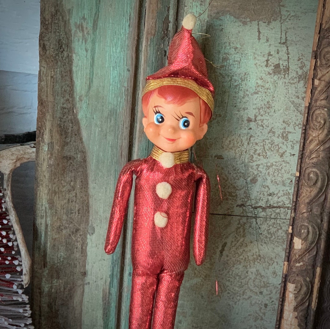 Vintage Christmas Elf Ornament Sparkly Red Elf Pixie - Etsy