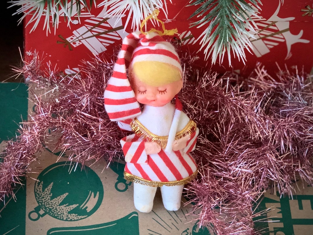 Vintage Striped Pixie Ornament Sleepy Blond Girl Christmas Elf 4.5 Inch ...