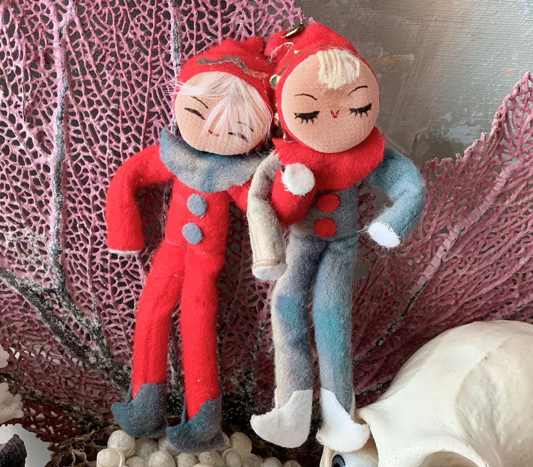 Vintage Pair Shabby Miniature Elves Mini Pixie Christmas Ornaments 4.5 ...