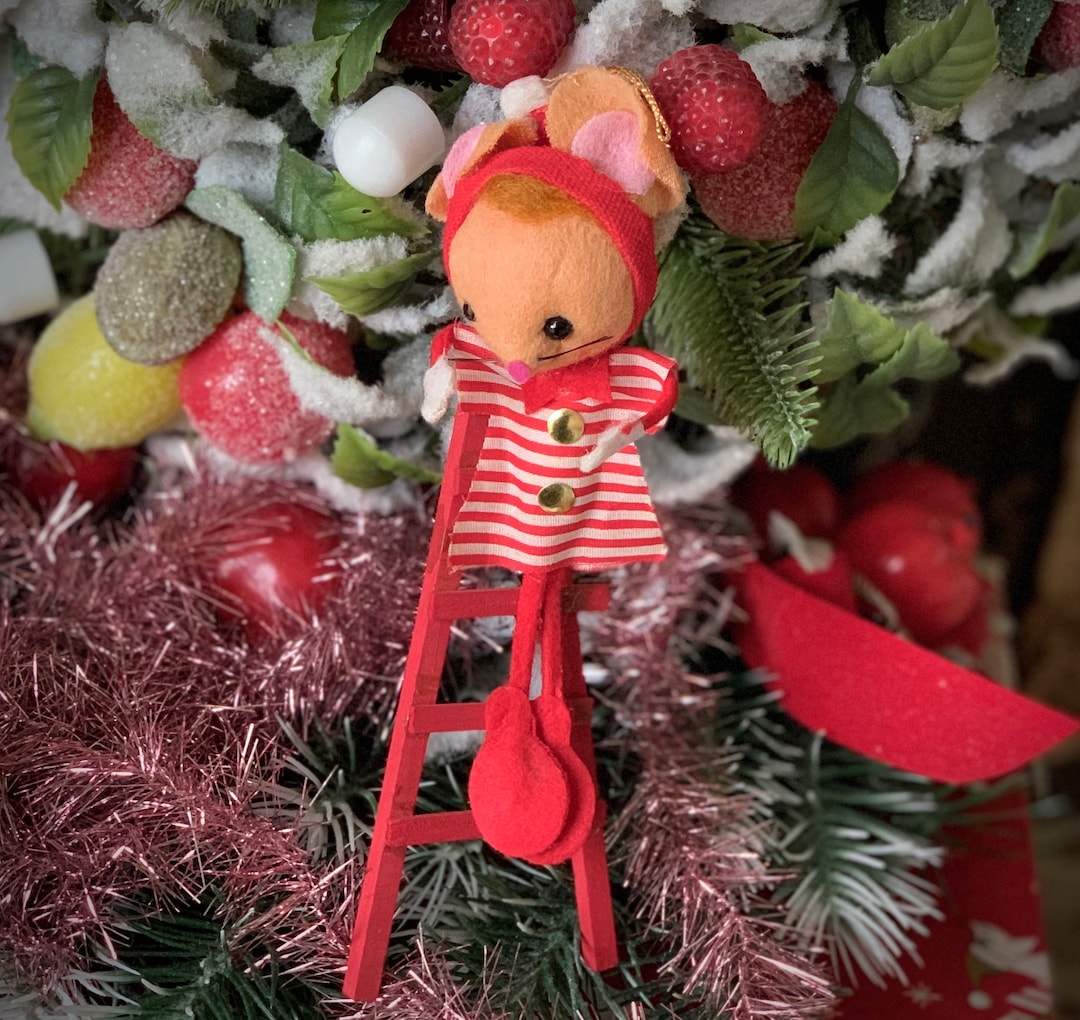 Vintage Mouse Ornament Retro Mini Christmas Mouse on Ladder - Etsy