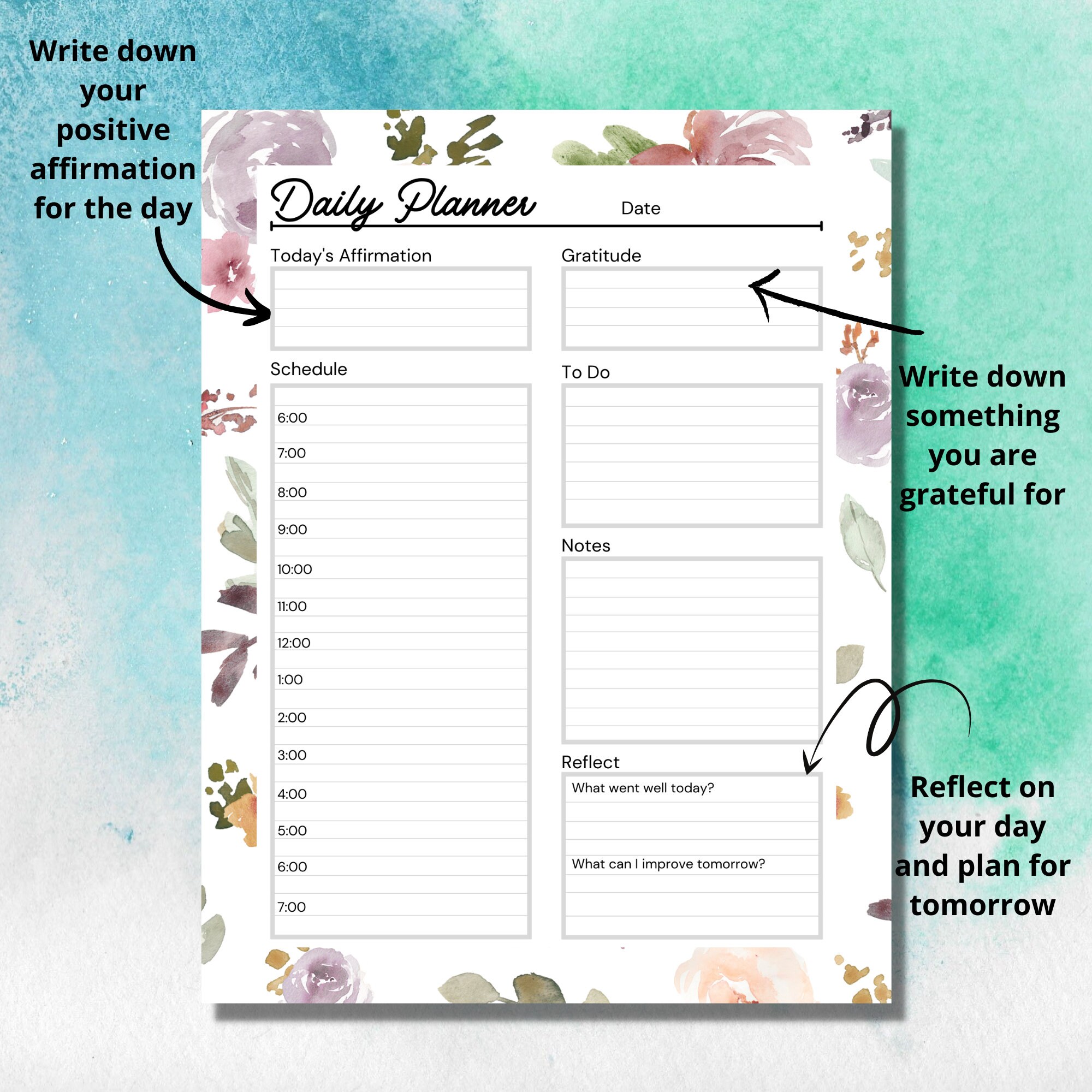 Floral Daily Planner Printable, Digital Download, Daily Planner ...