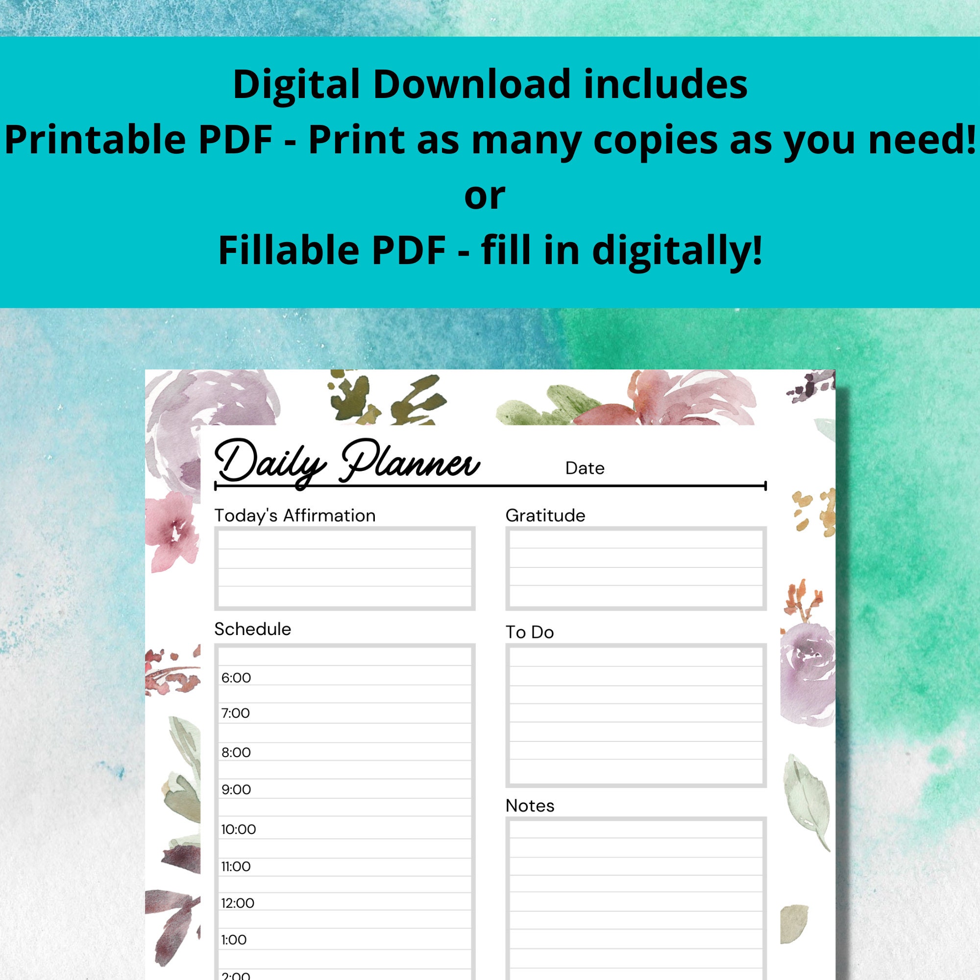 Floral Daily Planner Printable, Digital Download, Daily Planner ...