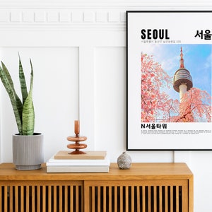 Korea Poster Watercolor Seoul Tower Hangul Print Mid Century Modern ...