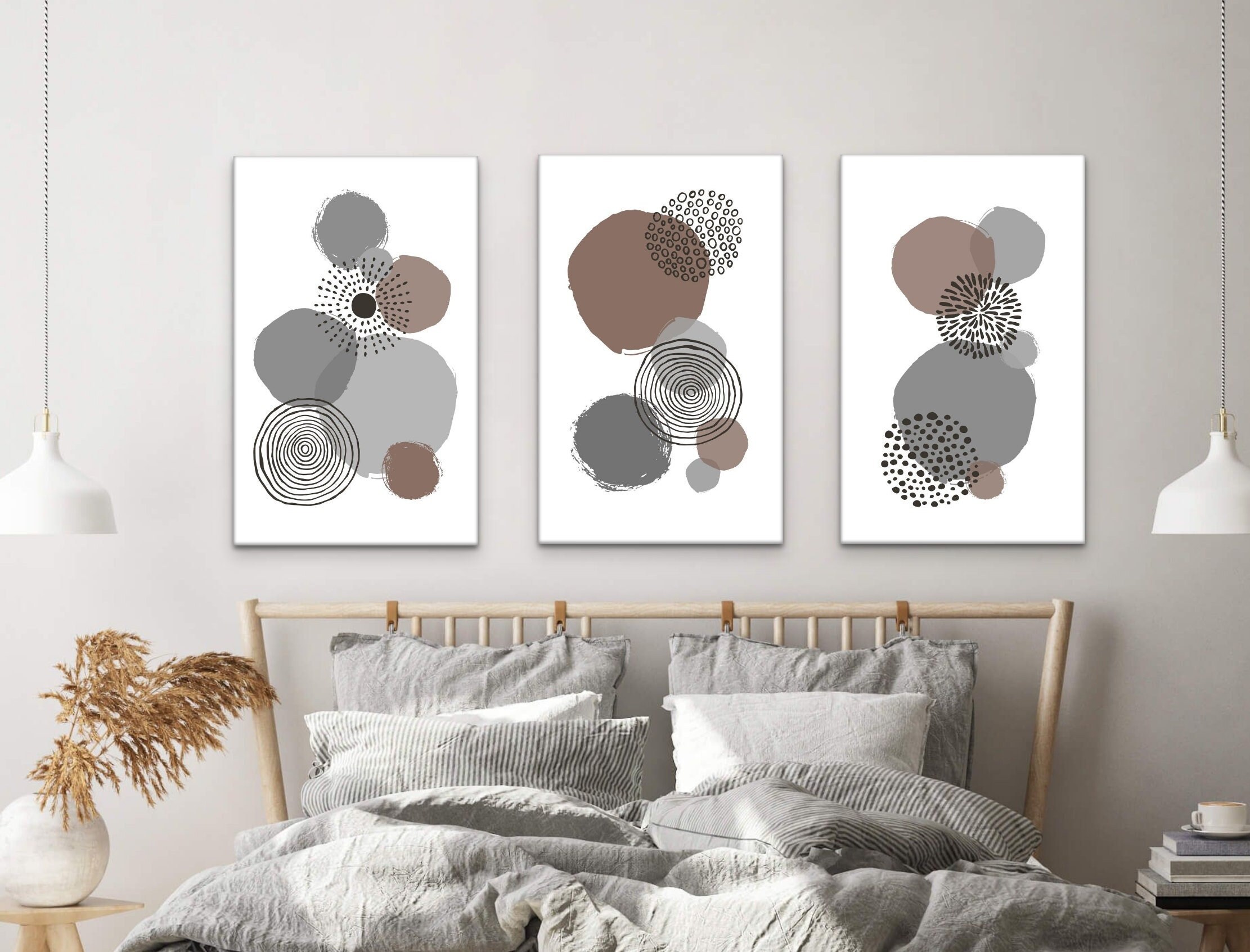 Ready to Hang Boho Minimalist Shapes Brown and Grey Print Set - Etsy