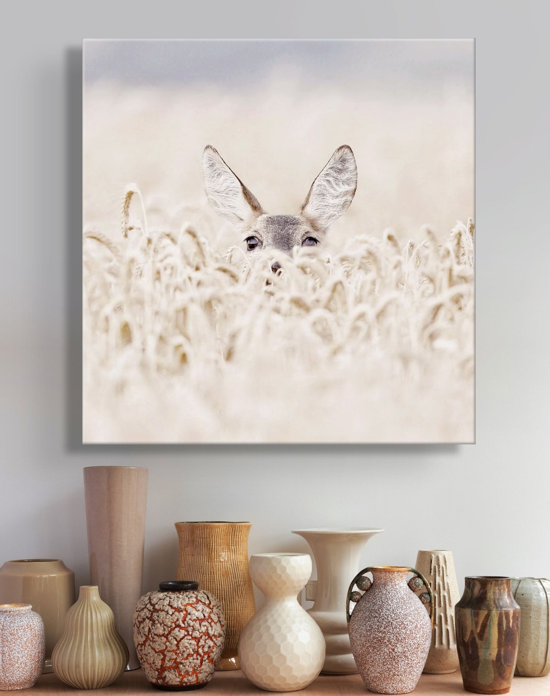 Peekaboo Deer in the Field Light Neutral Colours Ready to Hang - Etsy