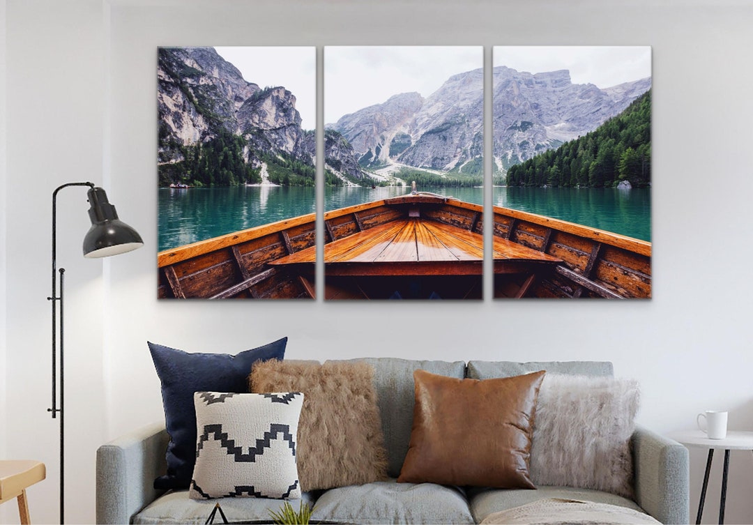 Ready to Hang Large Size Boat View of the Mountains and Lake Set of 3 ...