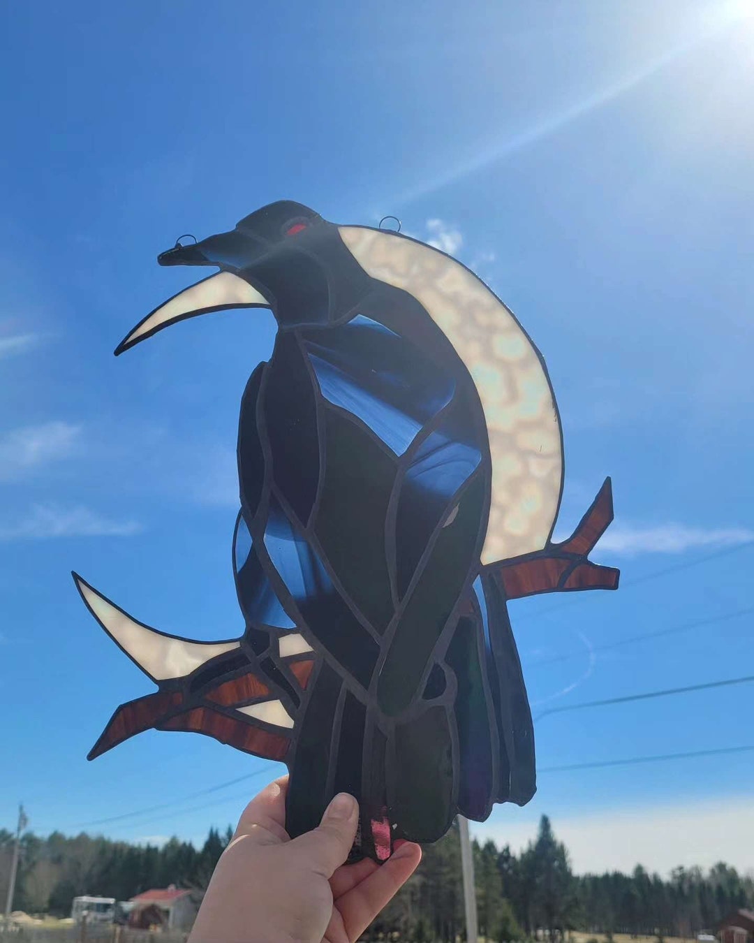 Raven With Moon Stained Glass Sun Catcher - Etsy