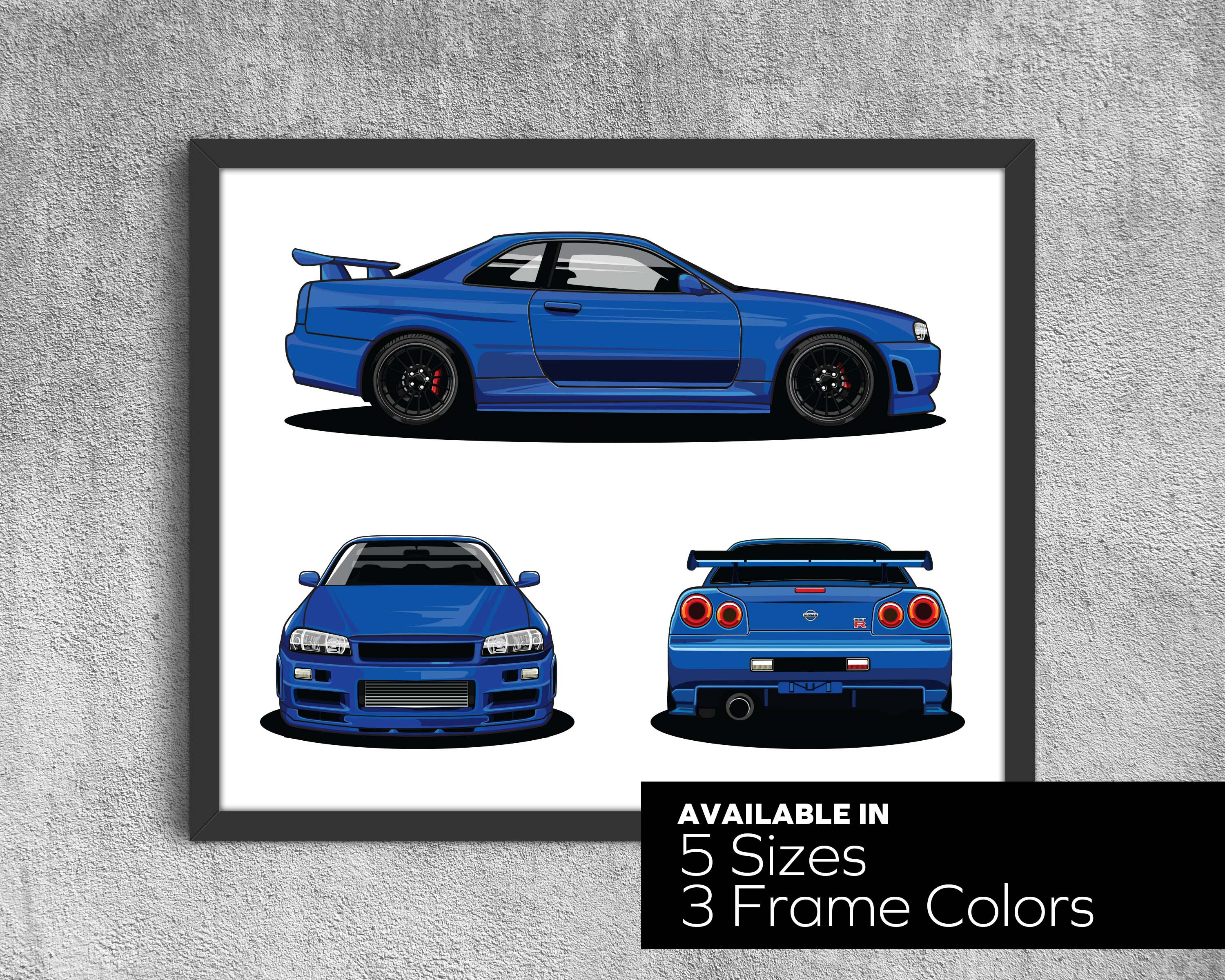 Framed Poster Nissan Skyline GT-R R34 Blue Side Front Rear - Etsy