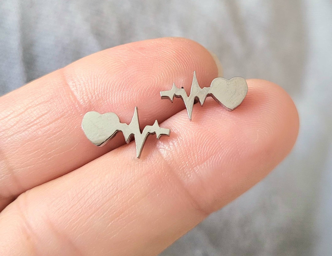 Heartbeat EKG Heart Stud Earrings Hypoallergenic Stainless - Etsy