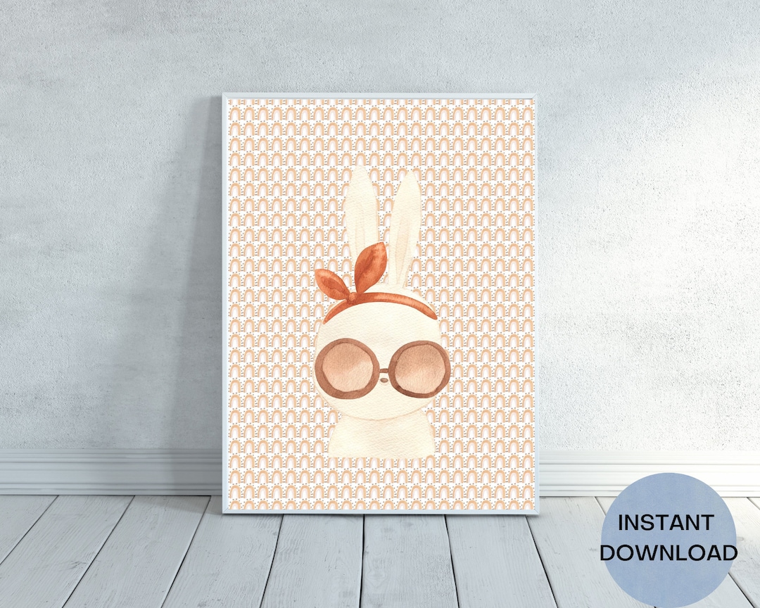 Digital Boho Bunny Art Print, Boho Nursery Decor, Watercolor Bunny Wall ...