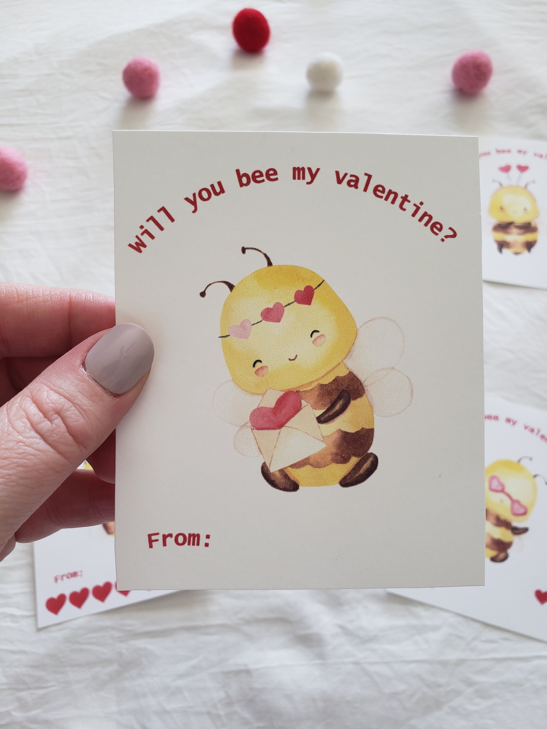 Printable Bee Valentines for Kids, Classroom Valentines Day Cards, Set ...