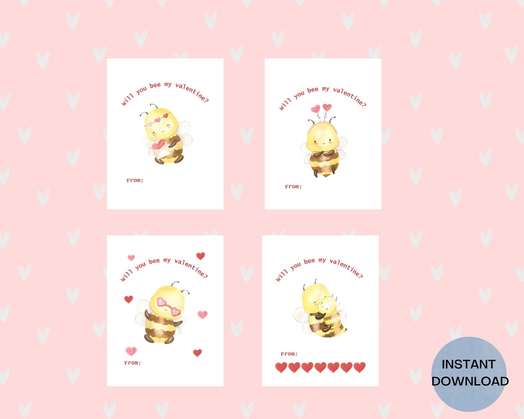 Printable Bee Valentines for Kids, Classroom Valentines Day Cards, Set ...