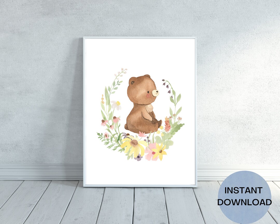 Watercolor Teddy Bear Printable ** Botanical Flowers and Bear ...