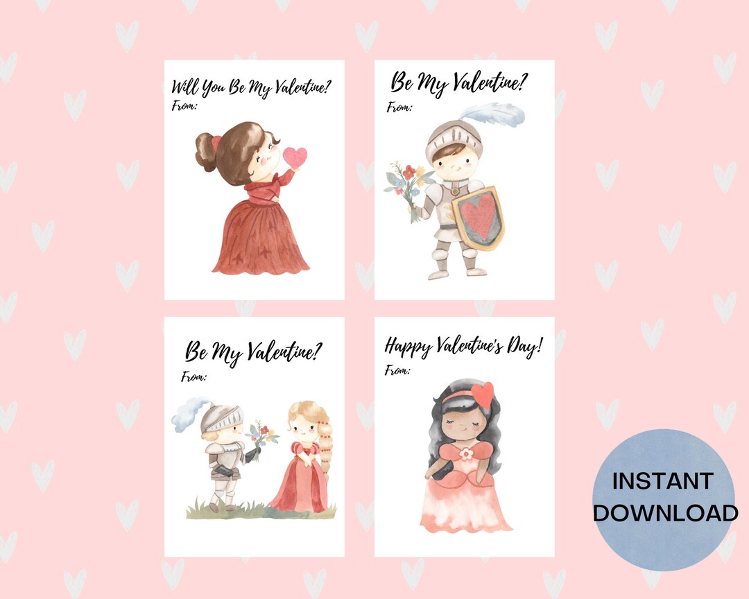 Printable Valentine Cards for Kids, Princess and Knight Valentines ...