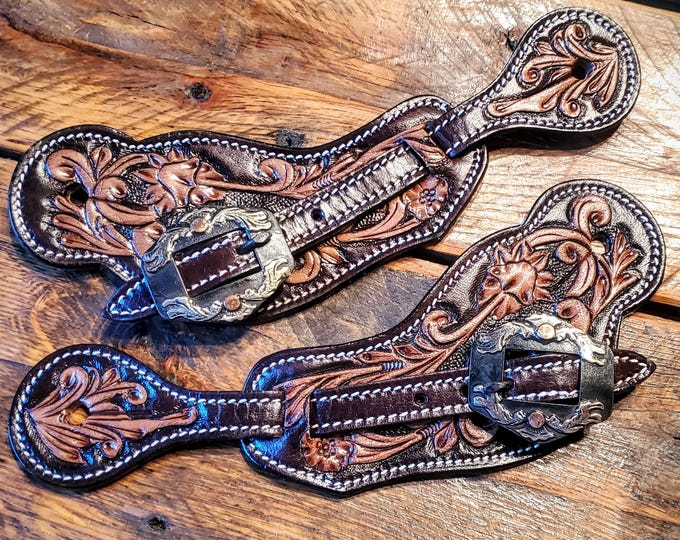 Vintage Style Tooled Leather Spur Straps With Fancy Engraved Buckles ...