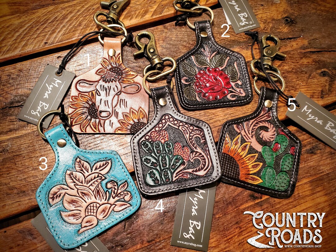 Tooled Leather Cow Tag Key Chains / Bag Charms Great Cheap Gifts ...