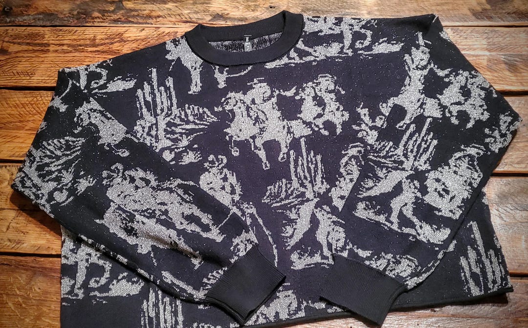 Retro Western Sparkly Cowboy Desert Scene Cropped Knit Sweater ...