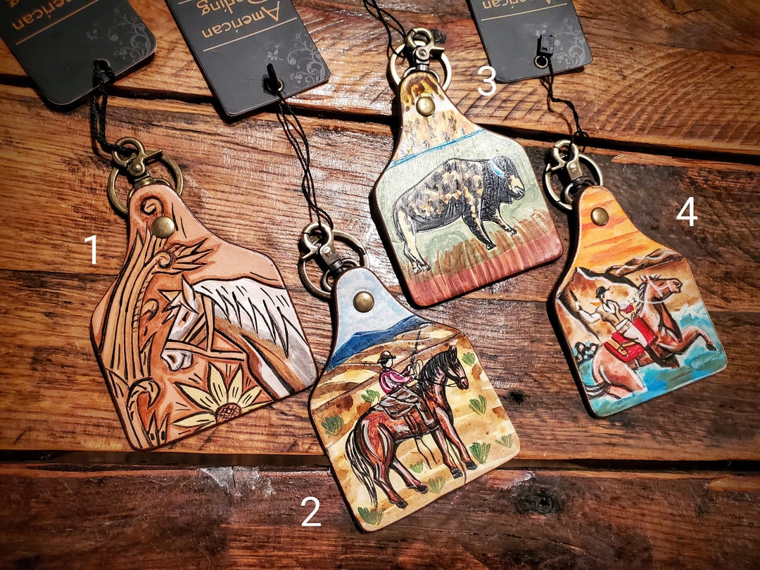 Tooled Leather Cow Tag Key Chains / Bag Charms Great Cheap Gifts ...