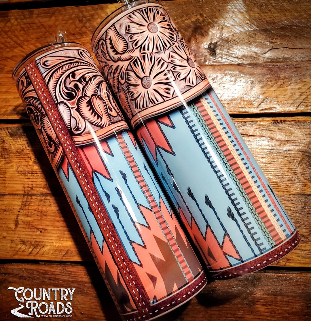 Tooled Leather Aztec Saddle Blanket - Country Western Printed Stainless ...