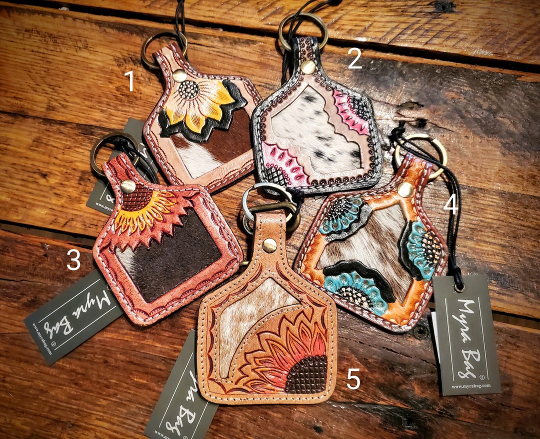 Tooled Leather Cow Tag Key Chains / Bag Charms Great Cheap Gifts ...