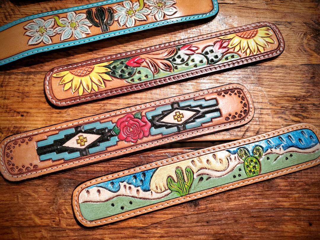 Genuine Tooled Leather Western Bangle Bracelets - Etsy