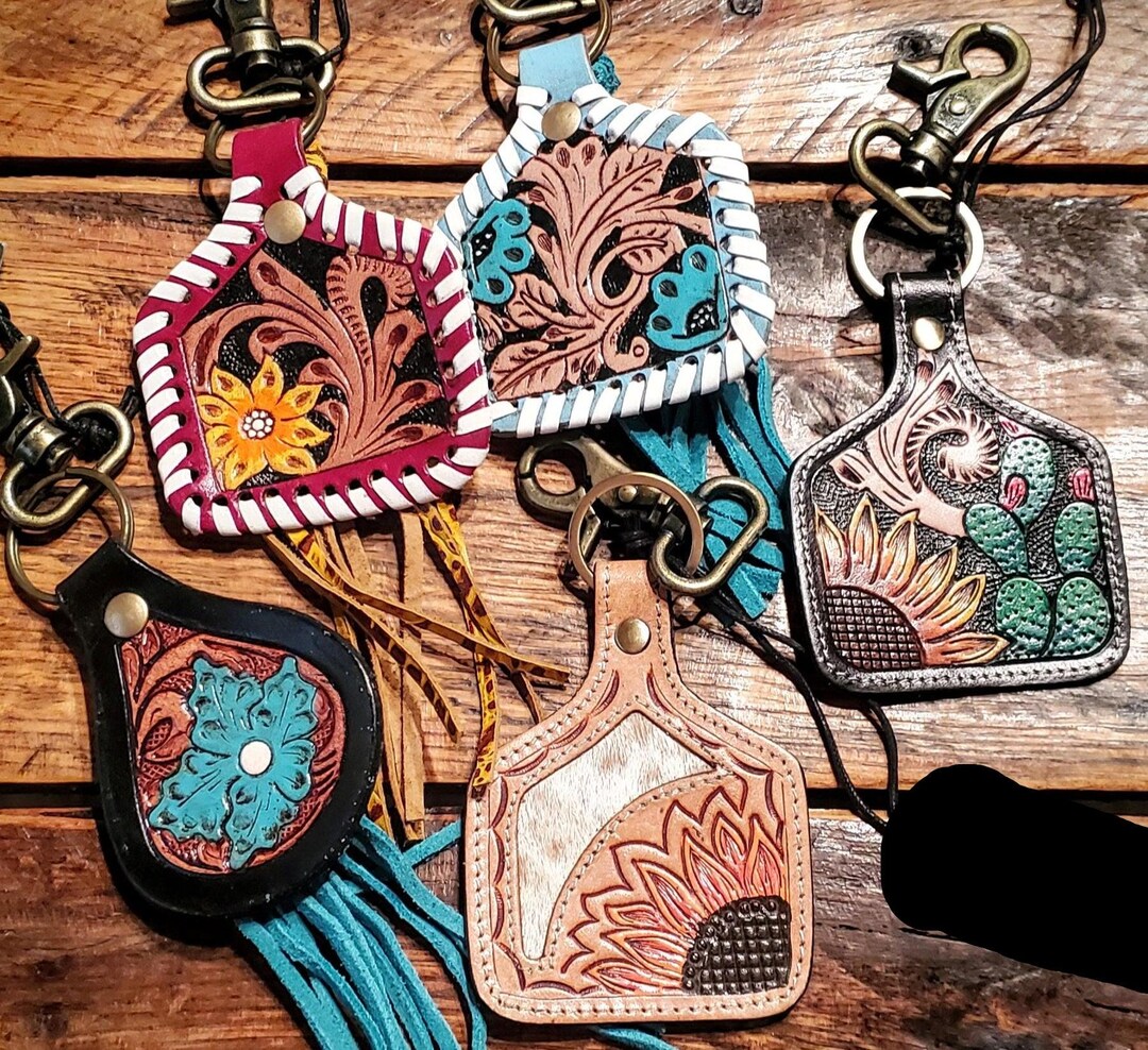 Tooled Leather Cowhide Tag Key Chains / Bag Charms - Great Cheap Gifts ...