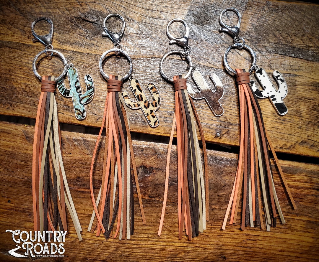 Western Leather Tassel Keychain Clip With Cowhide Cactus & Turquoise ...