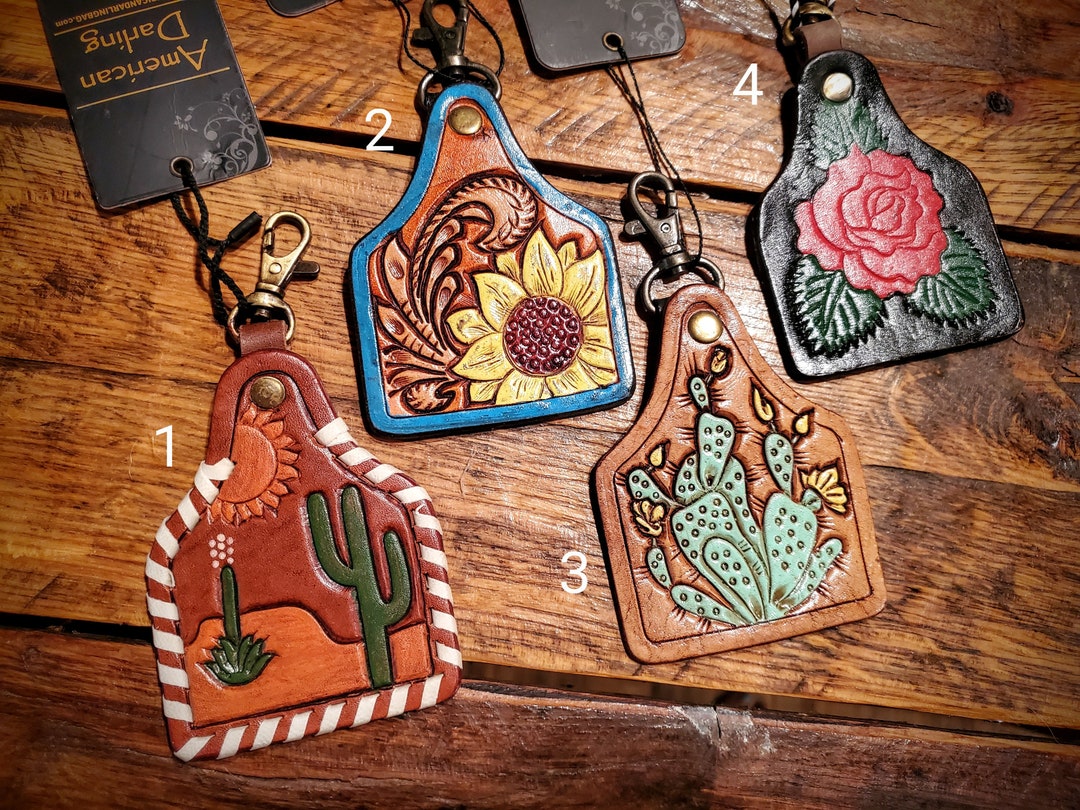 Tooled Leather Cow Tag Key Chains / Bag Charms Great Cheap Gifts ...