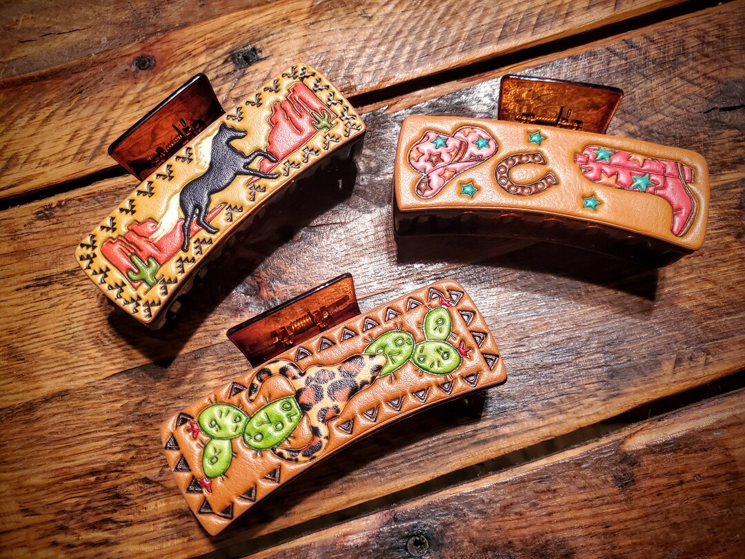 Western Tooled Leather Hair Claw Clips - Etsy