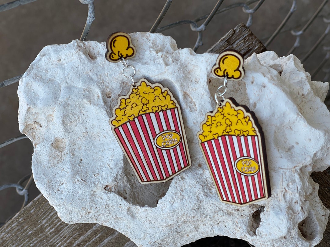 Popcorn Bucket Earrings | Hand-painted Wood Engraved Stud & Dangle ...