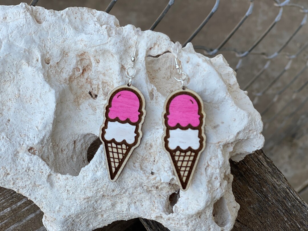 Ice Cream Cone Dangle Earrings – Wood Engraved & Hand-painted ...