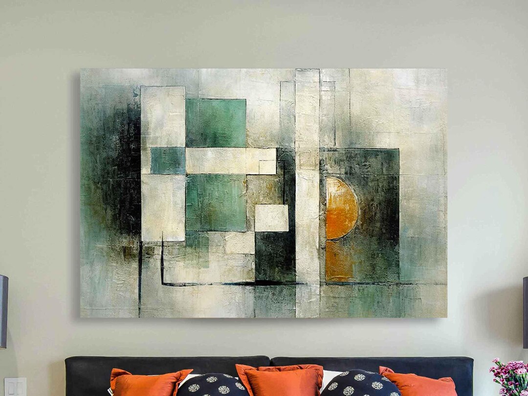 Modern Abstract Geometry Canvas Print, Golden Grey Wall Decor, Framed ...