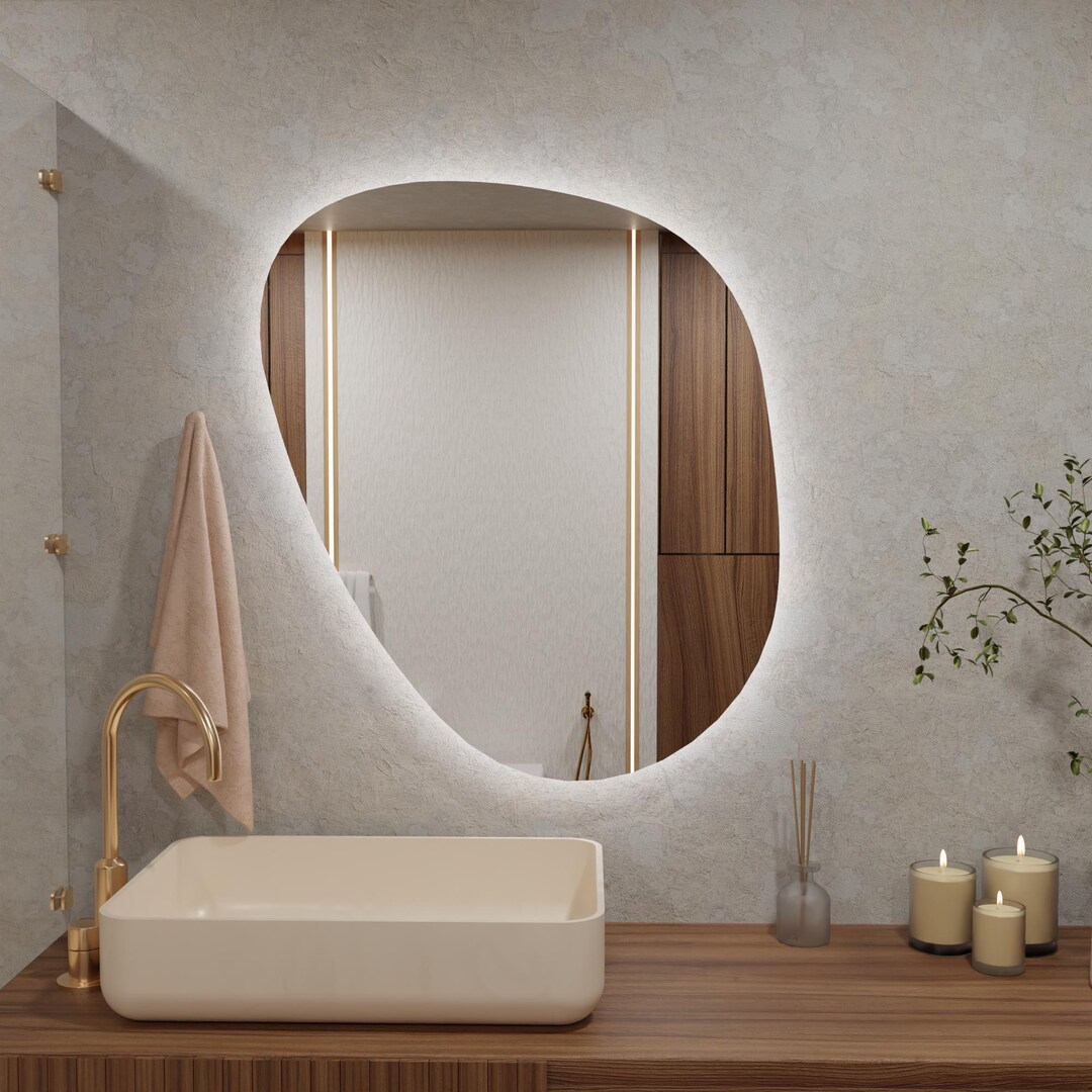 Asymmetrical LED Backlit Wall Mirror: Modern Vanity Decor - Etsy