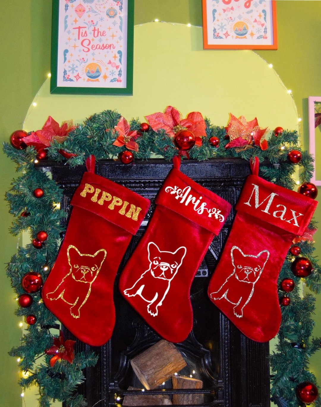 Personalised French Bulldog Red Velvet Dog Christmas Stocking | Custom ...