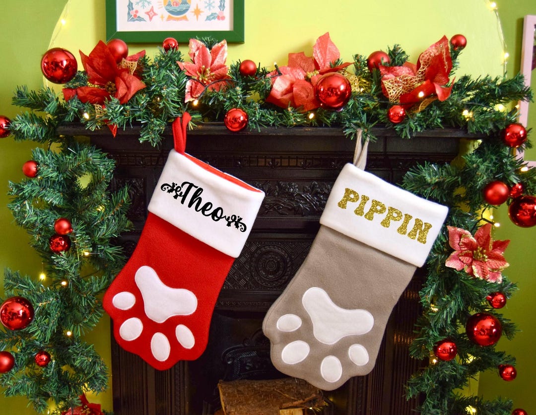 Personalised Paw Print Stockings, Grey or Red Custom Stocking, With ...