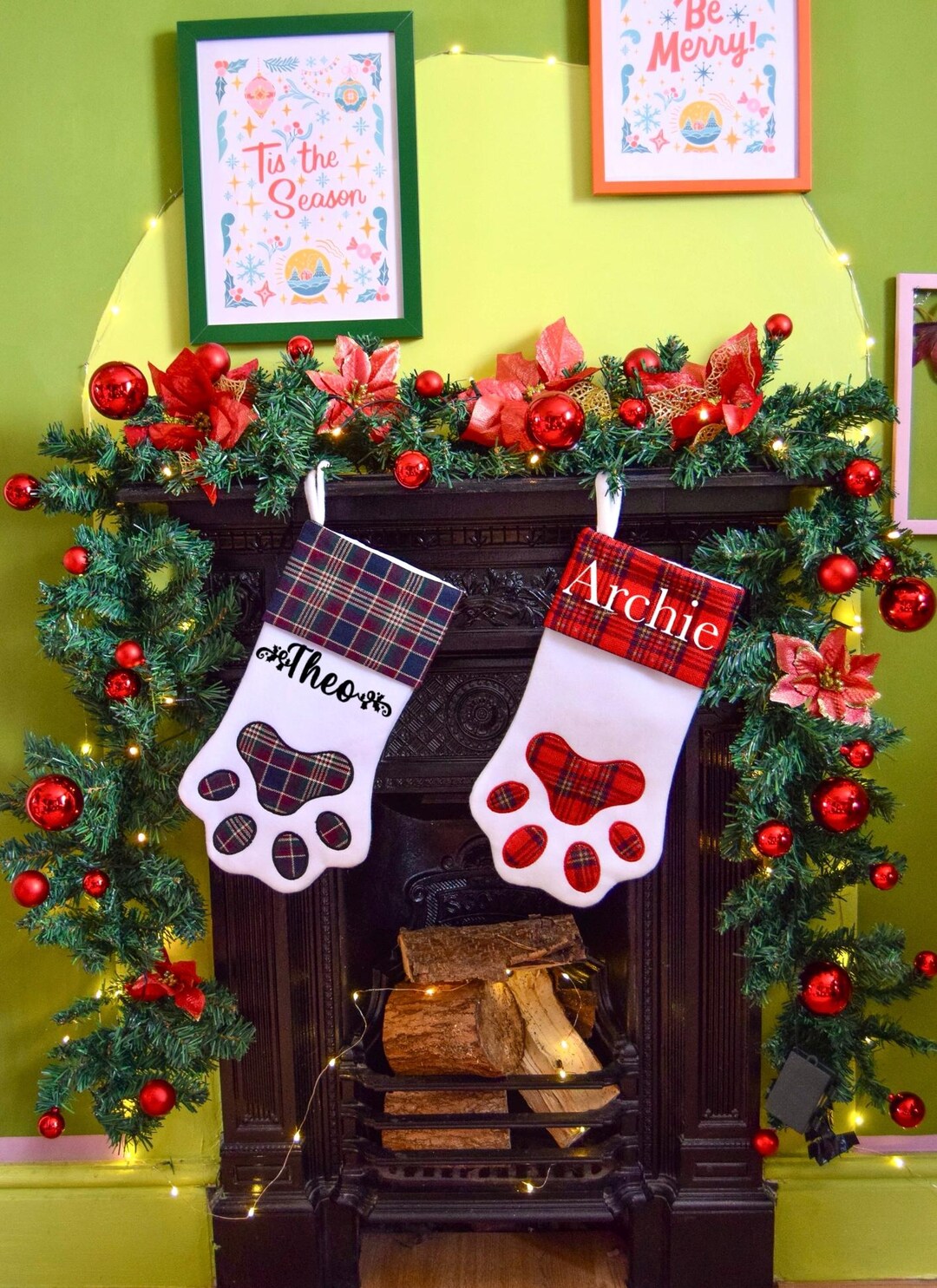Custom Paw Print Stockings With Tartan Trim, Choose From Blue or Red ...