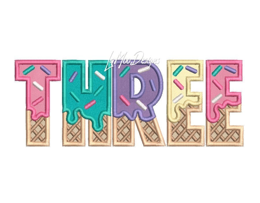 THREE Ice Cream Waffle Cone 3rd Birthday Number Embroidery - Etsy