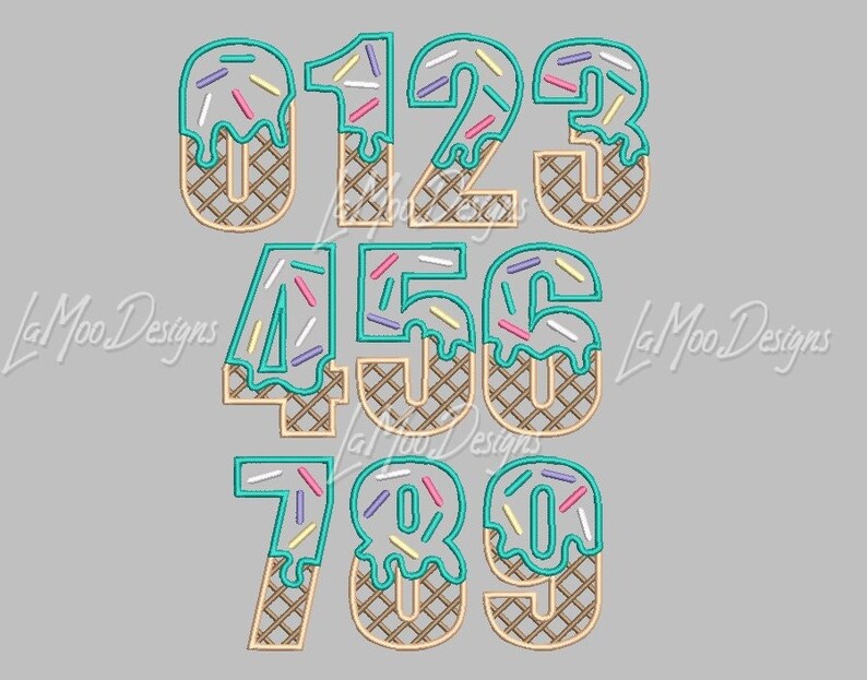 Ice Cream Waffle Cone Birthday Numbers 0-9 Embroidery Applique Design ...