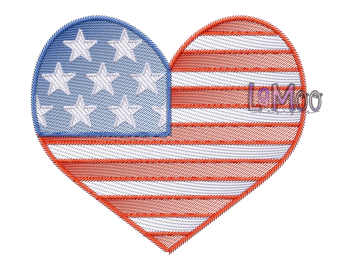 4th of July Sketch Heart Embroidery Design, Quick Sketch USA Flag Heart ...