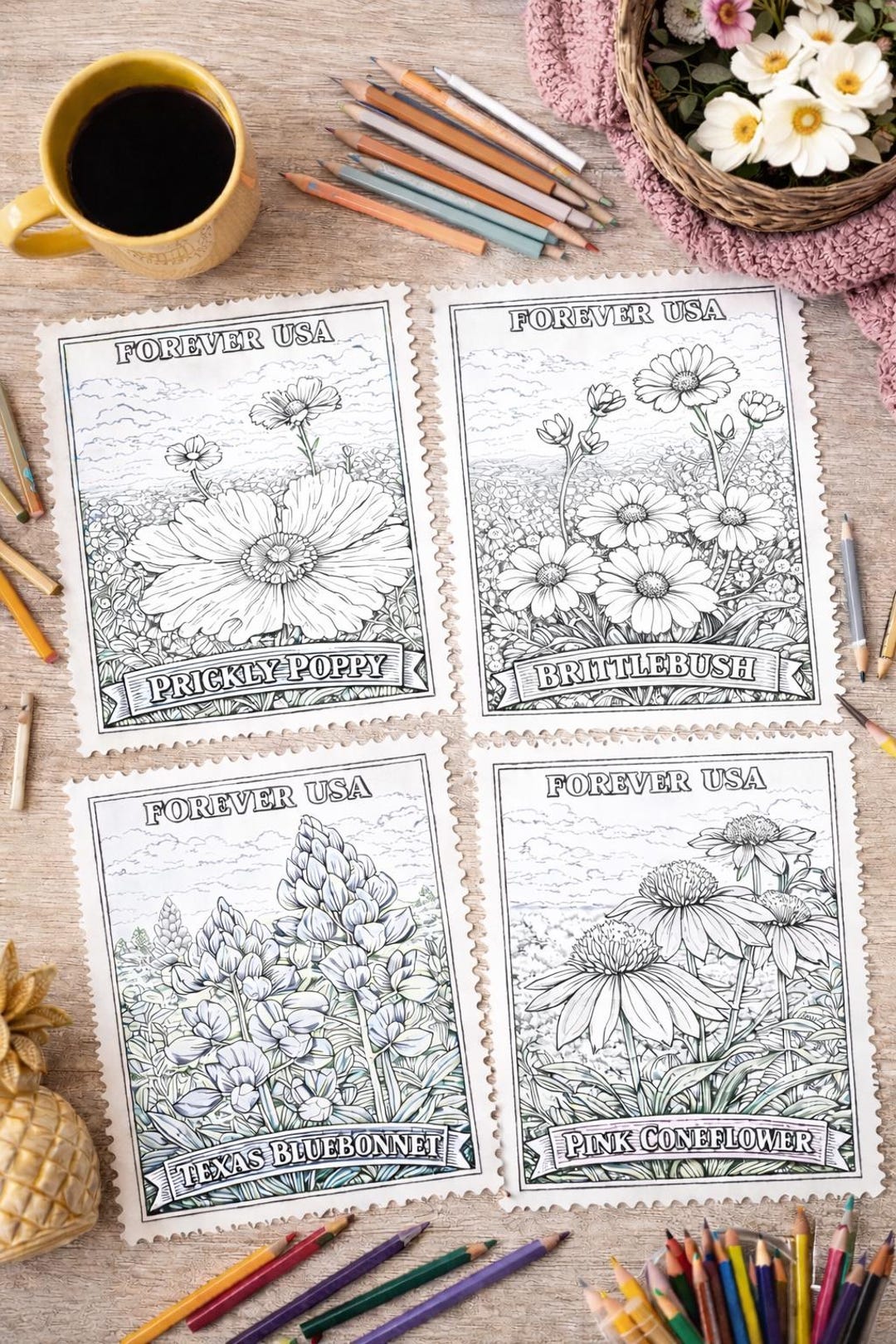 Wildflower Forever Postage Stamp Coloring Pages-printable Botanical ...