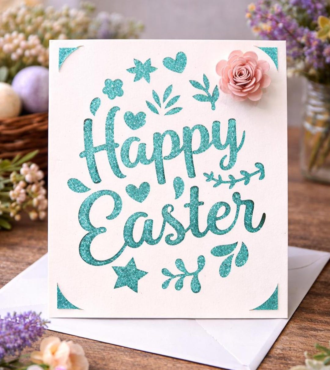 Handmade Happy Easter Card – Glitter Floral Greeting – Blank Inside (A2 ...