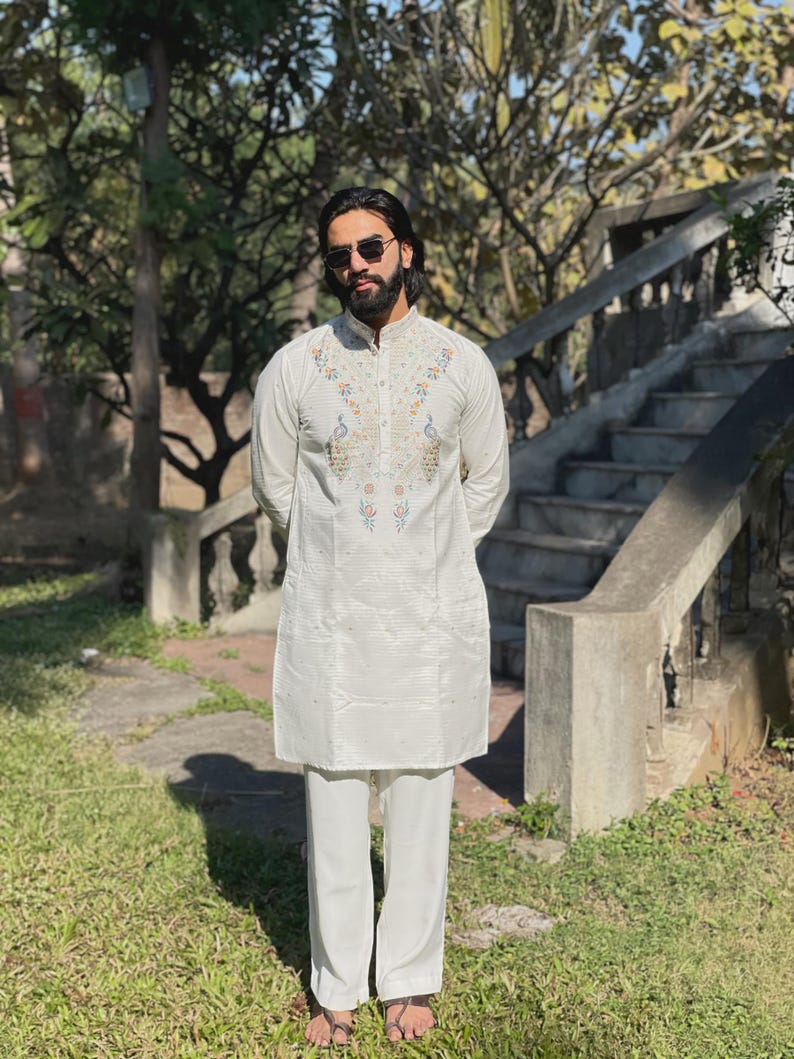 Peacock Kundan Silk White Kurta for Mens Wedding Cloths, Jacquard ...