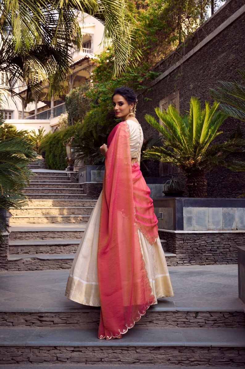 Traditional Jacquard Checks White Half Saree Lehenga Set for Women ...