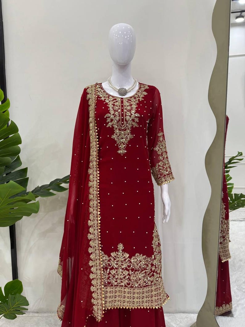 Beautiful Red Ready to Wear Women Plazo Set for Wedding, Salwar Kameez ...